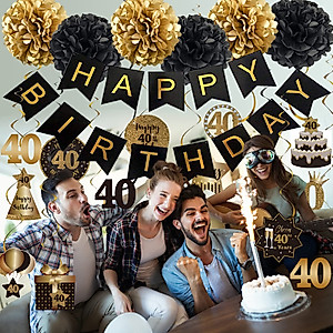 BRT Bearingshui Happy 40th Birthday Hanging Swirls Streamers Decoration Set, Happy Birthday Banner with Tissue Pompoms, Black and Gold 40 Years Old Birthday Party Hanging Backdrop Decorations