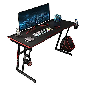 wonline Gaming Desk 47 inch PC Computer Desk Home Office Desk Gaming Table Z Shaped Gamer Workstation with Cup Holder and Headphone Hook Black