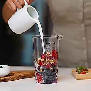 OVENTE Immersion Electric Hand Blender 300 Watt Power 2 Mix Speed with Stainless Steel Blades, Handheld Stick Mixer Set with Egg Whisk Attachment Mixing Beaker and BPA-Free Food Chopper, Black HS565B