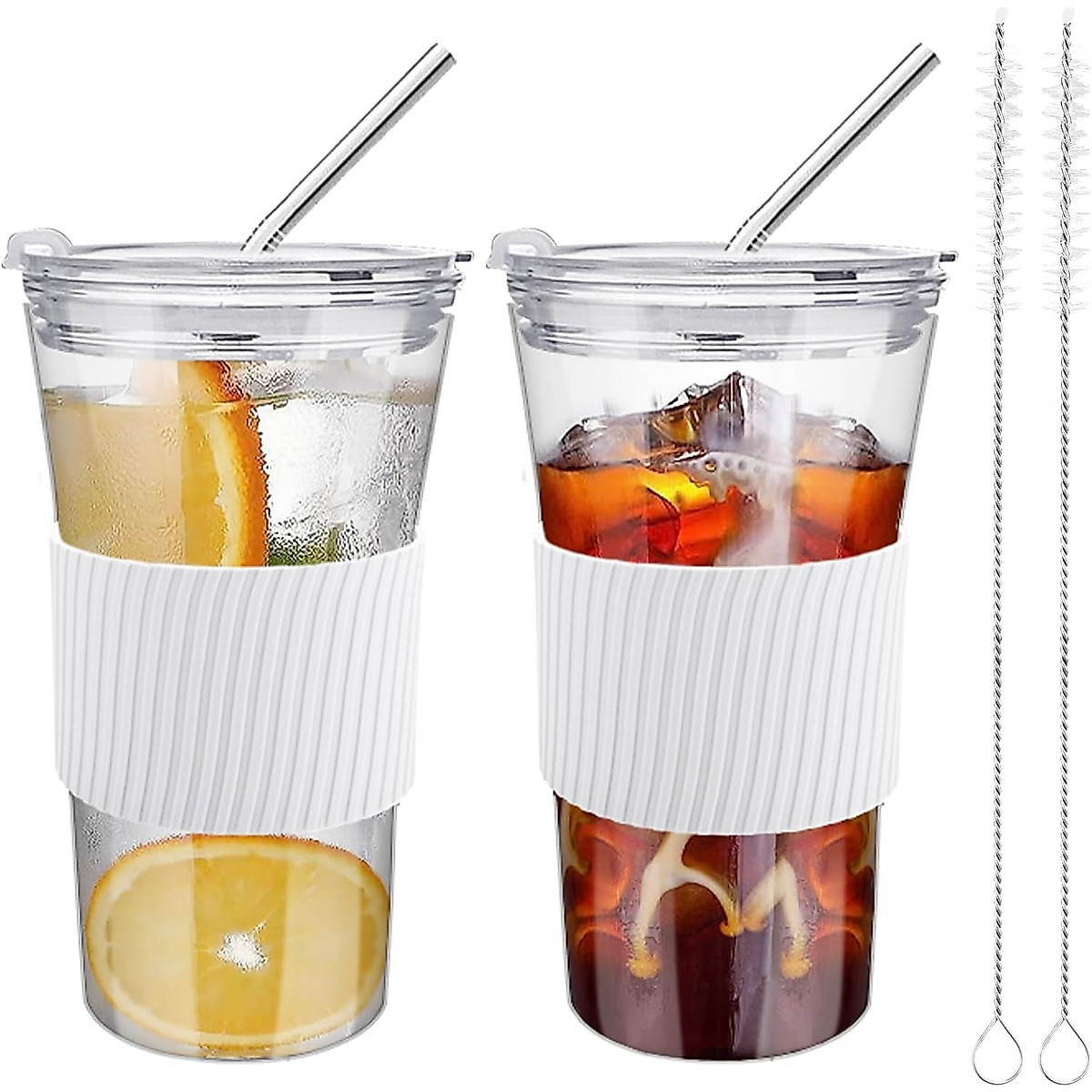 2 pcs Iced Coffee Cups with Lids, 16 oz Glass Cups with Lids and Straws, Reusable Tumbler with Silicone Sleeve, Wide Mouth Can Shaped Drinking Glasses for Coffee Juice Water Smoothie (White)