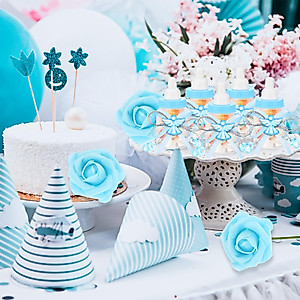 Vesici 61 Pcs Boy Baby Shower Party Favors Set, 48 Plastic Mini Angel Baby Bottles with 1 Roll Thanks Sticker 12 Artificial Roses for Newborn Baptism Baby Shower Party Decorations Gift for Guests