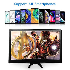 12‘’Screen Magnifier for Cell Phone Mobile Phone Magnifier Projector Screen for Movies and Videos. Easy to Use and Compatible with All Smartphones (Black)