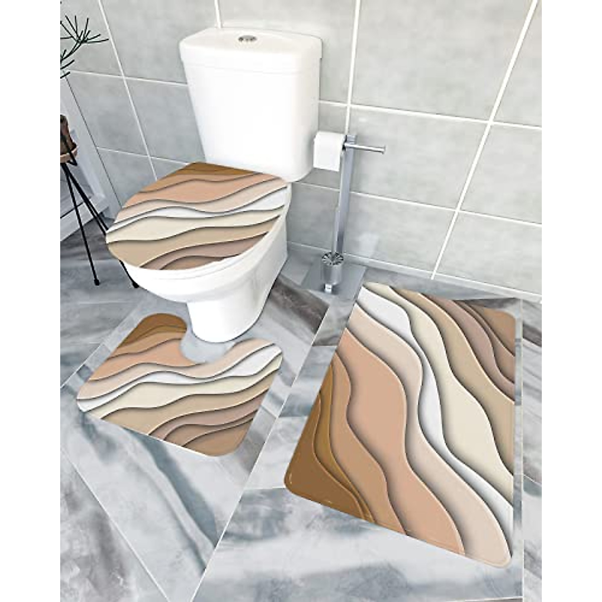 Ombre Bath Rugs for Bathroom Set 3 Piece Beach Geometric Gradient Brown Striped Non-Slip Washable Memory Foam Absorbent Bath Mat Runner Rugs for Tub Shower,U-Shaped Toilet Floor Mats,Toilet Lid Cover
