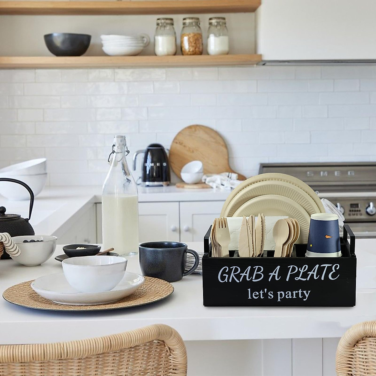 Paper Plate Holder, Utensil Caddy Organizer, Wood Paper Plate Dispenser, Silverware Caddy Holder, and Disposable Coffee Bar Accessories Box for Kitchen Counter, Party, Camping, Picnic (6 compartment)