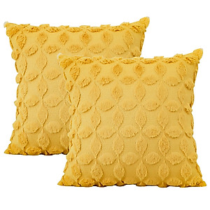 OTOSTAR Set of 2 Soft Plush Short Wool Velvet Decorative Throw Pillow Covers with 3D Flower Pattern Cushion Covers - Couch Sofa Pillow Covers for Living Room - Yellow 18x18 Inch