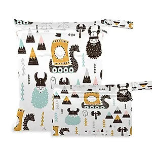 Kigai Viking Boat Wet Dry Bags for Baby Cloth Diapers Waterproof Reusable Wet Bags with 2 Zippered Pockets for Travel Beach Pool Stroller Gym Swimsuits Wet Clothes (2 Pack)