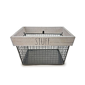 Rae Dunn Stuff Wire Storage Basket – Metal and Solid Wood Organizer – Decorative Storage Bin – Home & Office Organizers for Desk, Bedroom, Living Room, Closet and More Natural /inStuff/in
