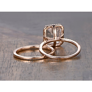 White Topaz Engagement Ring Set Diamond wedding ring 14K Rose Gold 10x8mm Emerald Cut Stone Promise