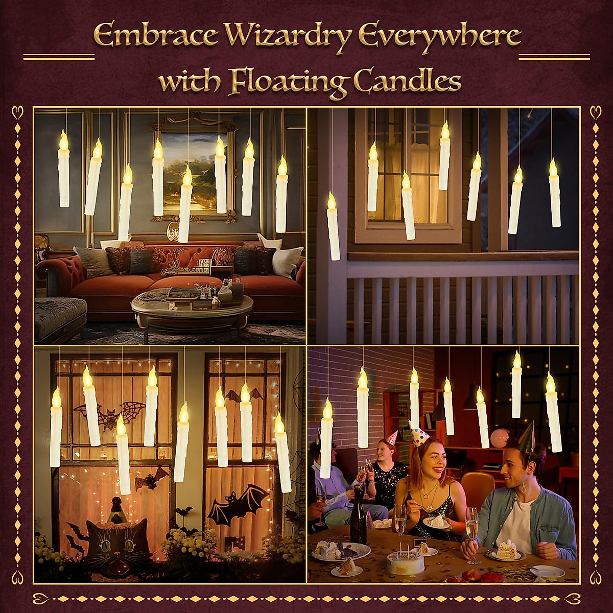 Halloween Decorations, Floating Candles with Wand, 12 PCS Magic Candles with Hole for Hanging, Flickering Flameless LED Candles, Witch Wizard Halloween Christmas Decor for Home Room Church Party