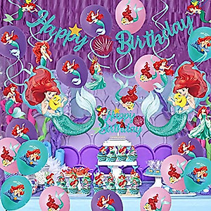GOGOPARTY Little Mermaid Birthday Decorations , 52 Pcs Mermaid Ariel Birthday Party Supplies Include Banner, Cake Topper, Cupcake Topper, Balloons, Swirl for Kids Baby Shower Mermaid Party Decors
