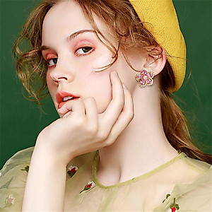 DAMLENG Handmade Chic Boho Pink Rhinestone Flower Statement Stud Earrings with Gold Flower Bud for Women Sister Mom Lover and Friends (Pink)