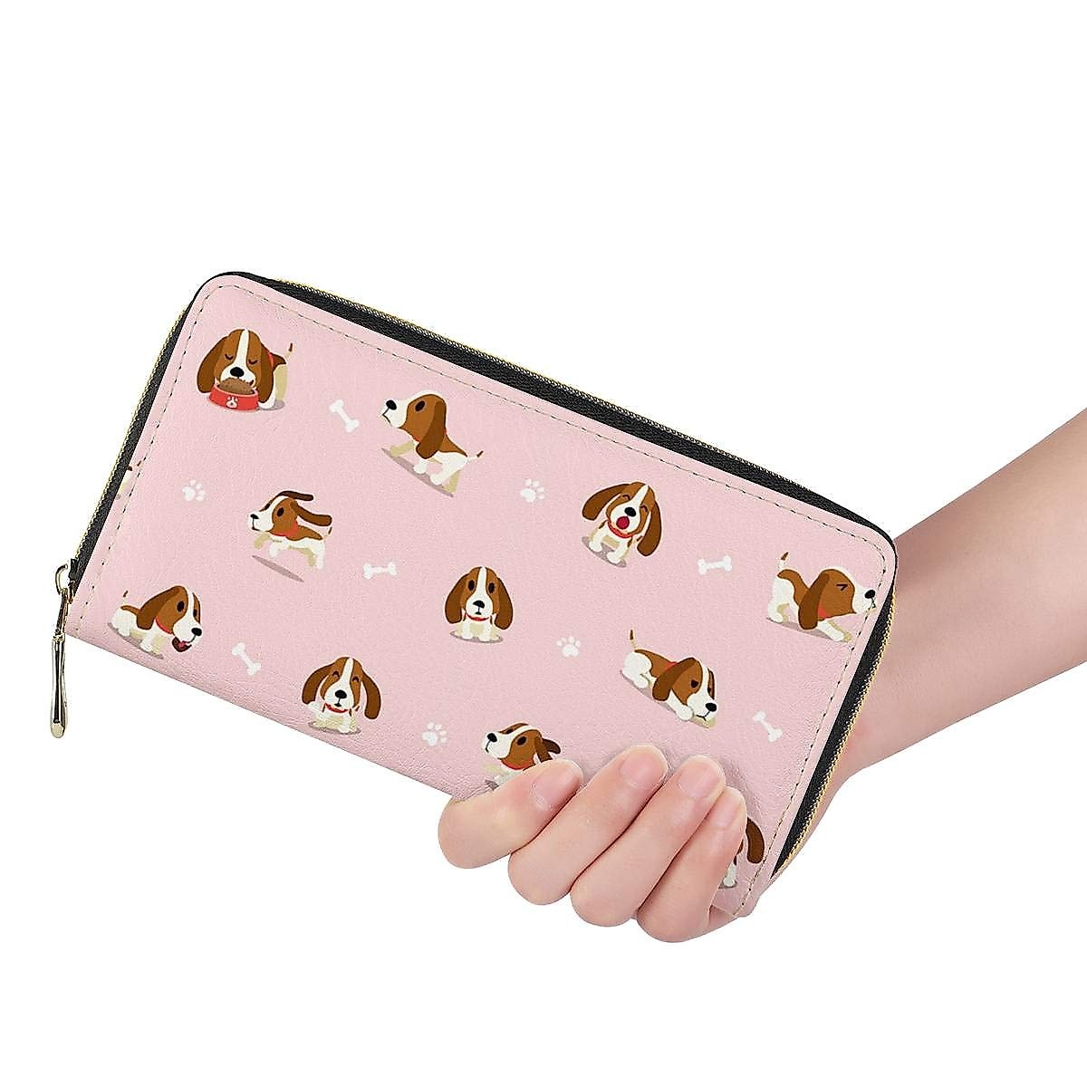 FancyPrint Pink Cute Beagle Dog Print Womens Girls Long Wallet Zip Around Purse ID Card Credit Card Holder Organizer Pouch Bag