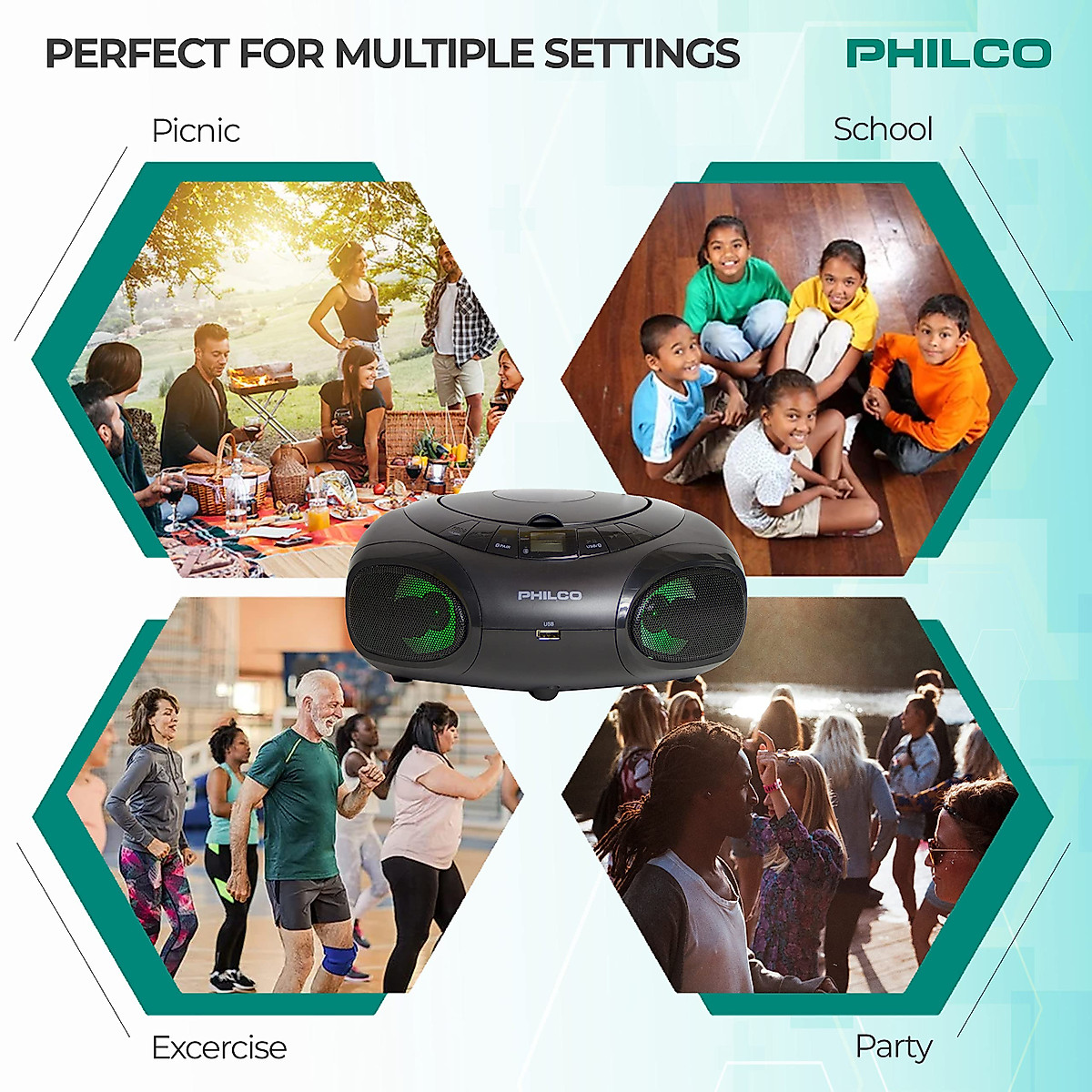 Philco Portable Bluetooth Boombox CD Player with AM FM Radio and USB Playback | Fun Lights |Stereo Sound | CD Player is Compatible with MP3/WMA/CD-R/CD-RW CDs | 3.5mm Aux Input | AC/Battery Powered
