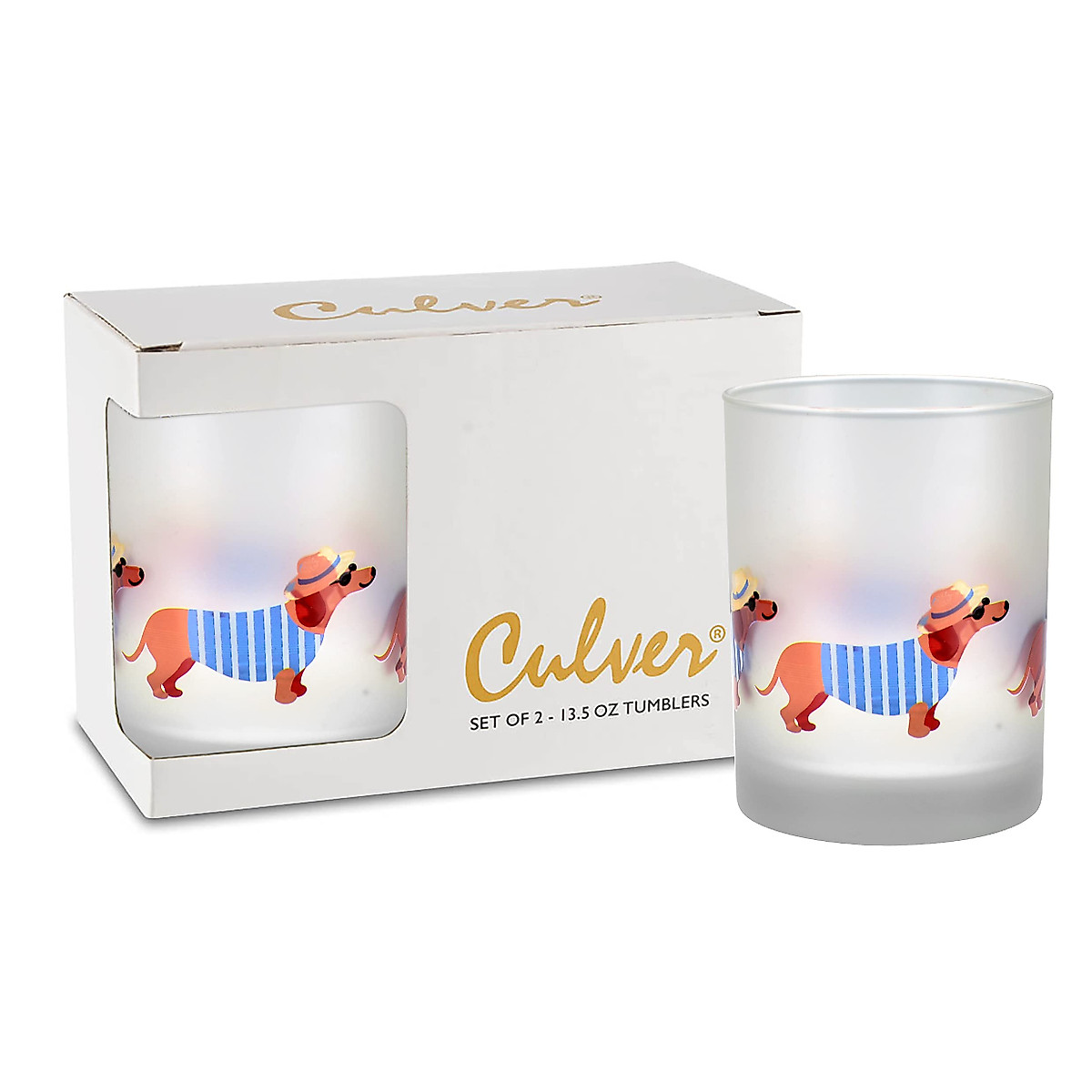 Culver Coastal Decorated Frosted Double Old Fashioned Tumbler Glasses, 13.5-Ounce, Gift Boxed Set of 2 (Fedora Dachshund Dogs)