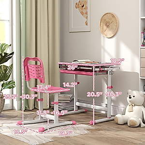 Qaba Kids Desk and Chairs Set, Height Adjustable Children School Study Desk with Tilt Desktop, Storage Drawer, Pen Slot, Hook, Ergonomic Table and Chair Set for Kids, Pink