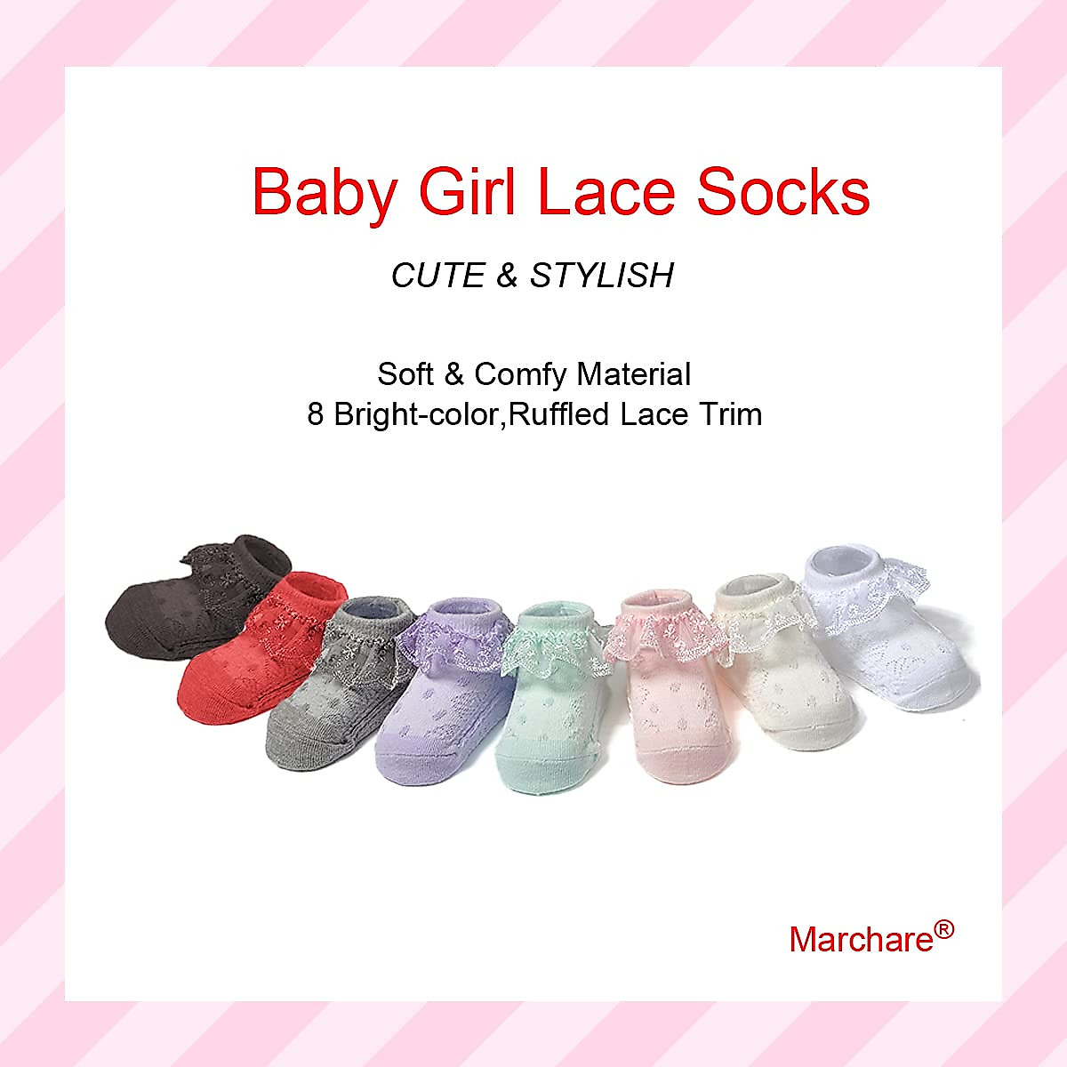 Marchare Baby Lace Socks 3 Pack Infant Baby Girls' Ruffle Frilly Socks Eyelet Princess Cotton Socks,White 6-12 Months