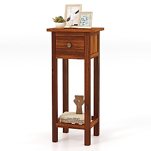 Giantex Narrow End Table with Drawer, Tall Acacia Wood Side Table with Bottom Shelf, Modern Bedside Tables, 2-Tier Nightstand for Small Spaces Bedroom Living Room, No Assemble Required, Brown