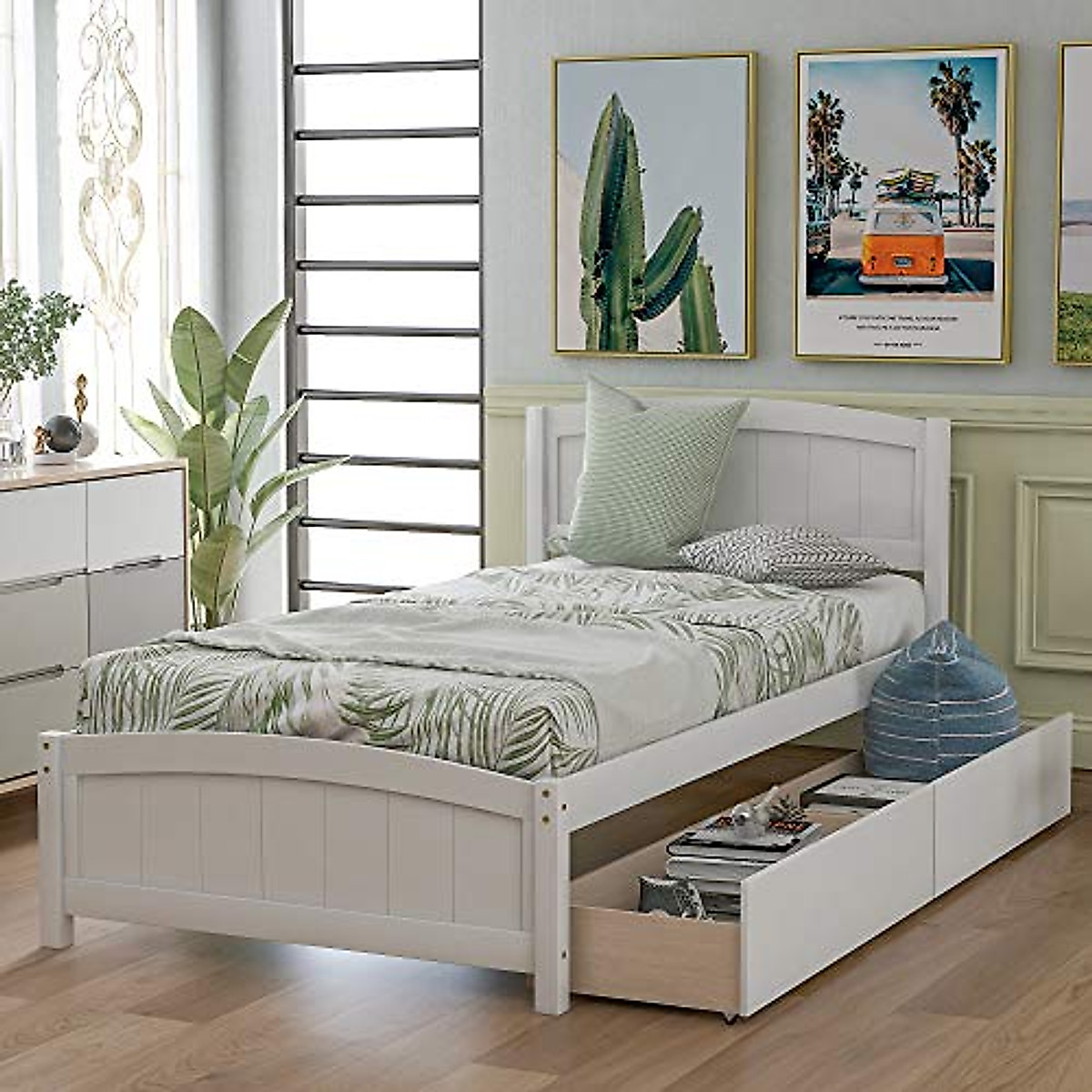 Twin Size Platform Bed with 2 Storage Drawers, Solid Wood Twin Bed Frame with Slat Support and Headboard for Kids, Teen, Adults, No Box Spring Needed(Twin, White)