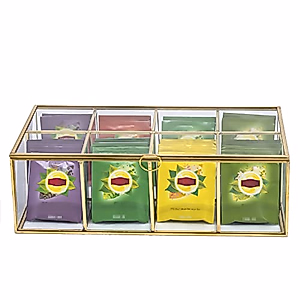 NCYP 12" Glass Tea Bags Box Organizer, Sugar Packets Storage Container, Decor 8 Grids Compartments Divided Handmade Brass Metal Frame Jewelry Counter Top Display Case Large, Glass Box Only