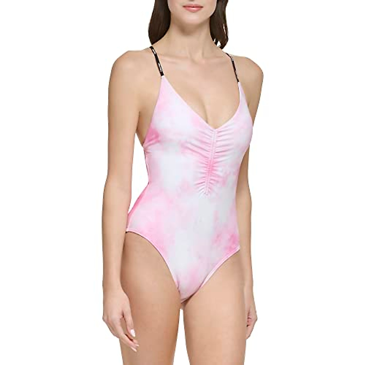 Calvin Klein Women's Standard Tie Back Logo Straps One Piece Swimsuit, PINK MULTI
