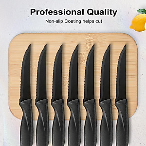 YUNYDSM Steak Knives Set of 8, Stainless Steel Serrated Steak Knife, Sharp Serrated Edges, Comfortable Grip Ergonomic Non-Slip Handle, Dishwasher Safe(8.5in Black)
