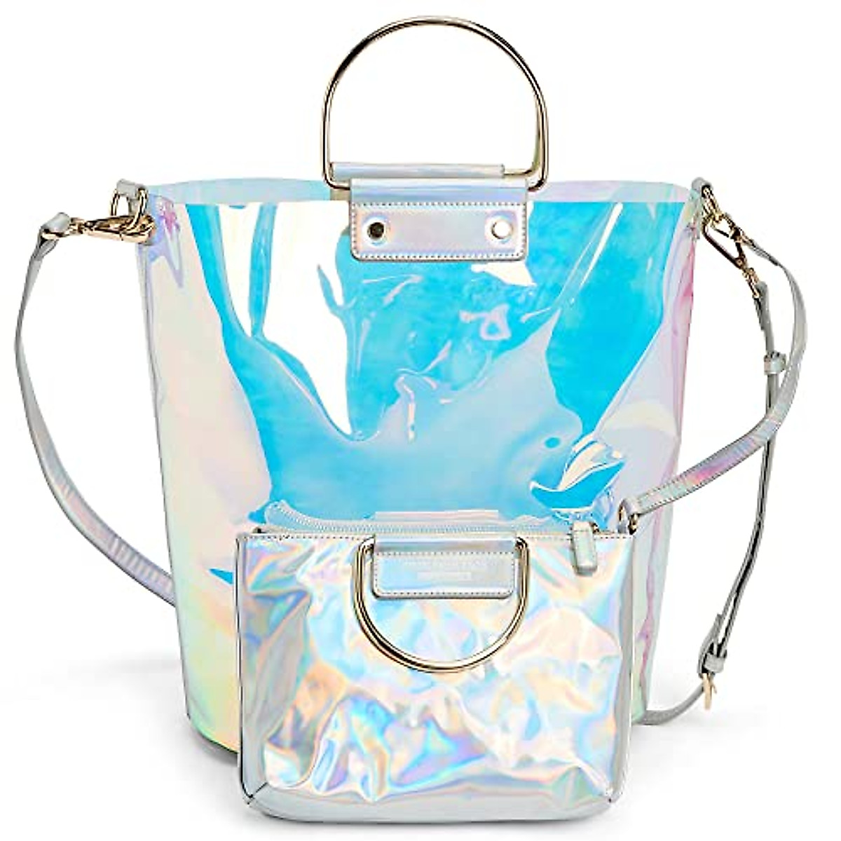 Like Dreams Women's Transparent PU Hologram 2 in 1 Tote Bag Set Gold Handle Inner Pouch Handbag (Hologram)