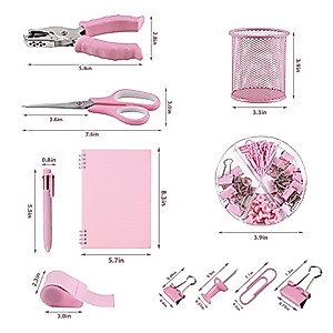 Pink Office Supplies Kit, 14 Piece Desk Accessory Kit Stapler and Tape Dispenser Set Includes Desktop Staple, Stapler Remove, Single Hole Punch, Tape Dispenser, Tape Measure, Scissors, Pen Holder
