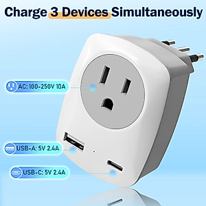 Italy Travel Plug Adapter (NOT for UK), USA to Italy Chile International Electrical Adaptor USB C Wall Charger for iPhone iPad Laptop (NOT for Hairdryer), US to Europe Power Outlet Converter