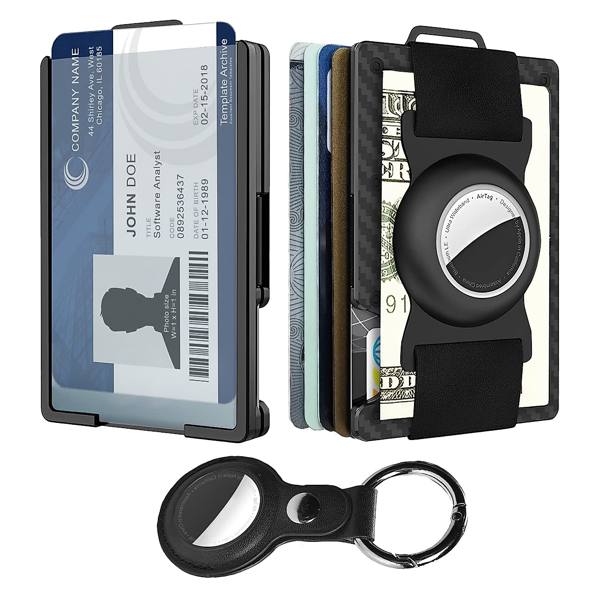 Elzama Airtag Wallet Men with ID Window & Lanyard, Slim Metal Card Case, Aluminum Cardholder with Air Tag Holder, RFID Blocking & Airtags Keychain (Apple Air tags Not Included)