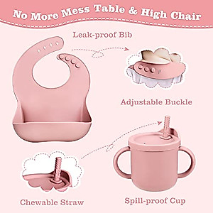 Silicone Baby Feeding Set, Baby Led Weaning Supplies with Suction Bowl Divided Plate, Toddler Self Feeding Dish Set with Spoons Forks Sippy Cup Adjustable Bib, Eating Utensils for 6+ Months(Pink)
