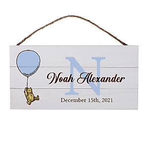 GSM Brands Personalized Winnie The Pooh Sign for Nursery Decor - Custom Name Wooden Plank Classic Vintage Wall Decor Sign (13.75 x 7)