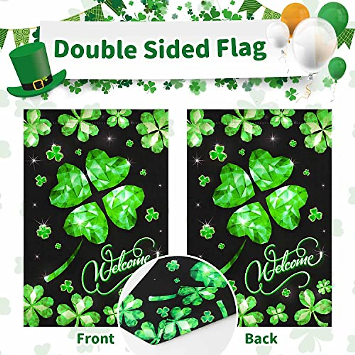 Funux St Patricks Day Garden Flag 12×18 Inch Double Sided Green Shamrock Clover Welcome Small Outside Vertical Holiday Yard Decor