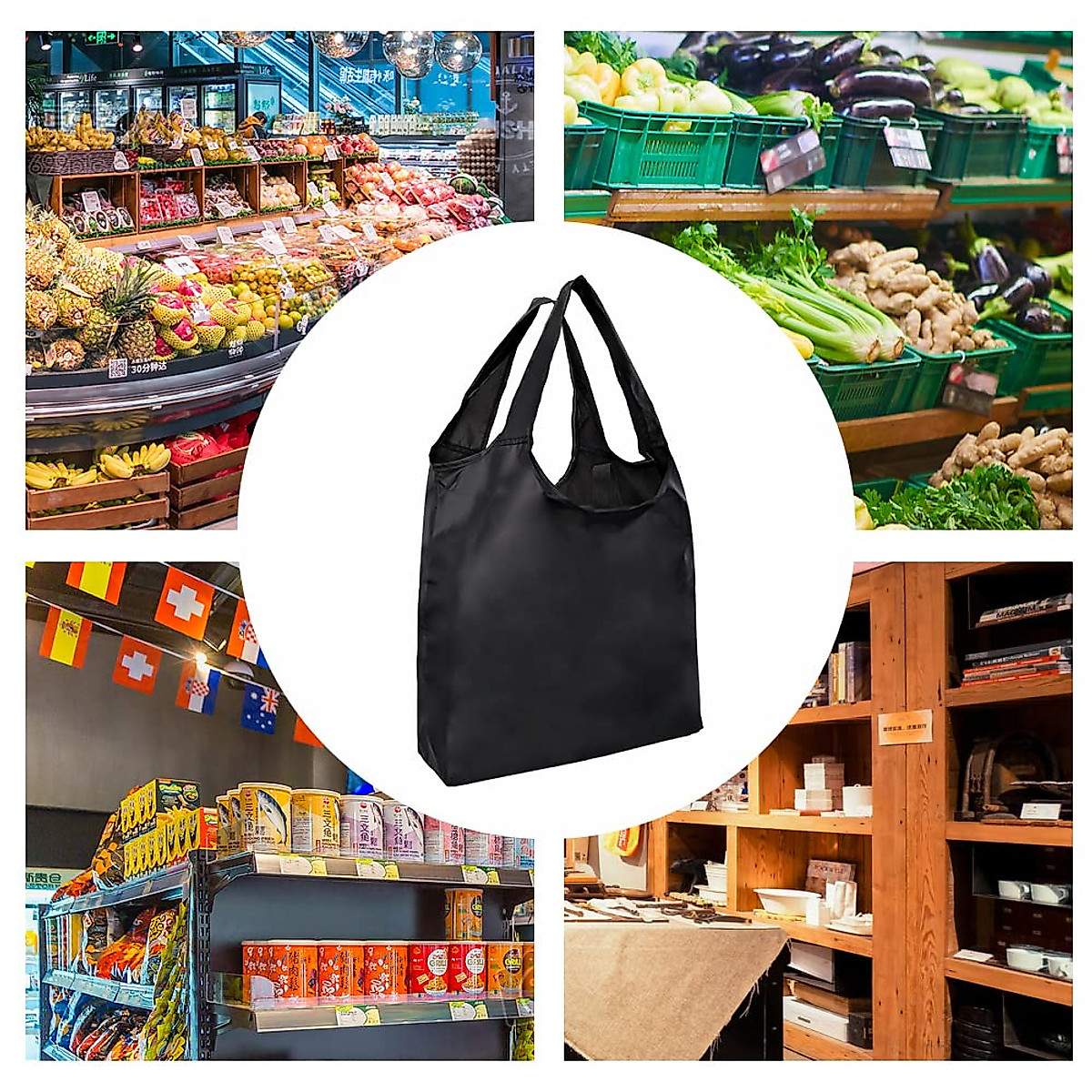 10 Pack Durable Folding Large Kitchen Reusable Shopping Bags with Handles Bulk, Aricsen Recycle Foldable Grocery Heavy Duty Washable into Pocket Lightweight Portable Nylon Tote, Polyester Cloth, Black