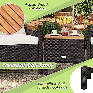 Tangkula 3-Piece Patio Furniture Set, Patiojoy Outdoor Rattan Sofa Set with Coffee Table, Patio Conversation Set with Removable Cushion, Cozy Acacia Wood Armrests for Backyard, Poolside (Off White)