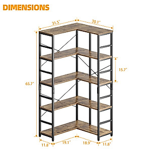 APPOLYN Corner Shelf, 5 Tiers Corner Bookshelf, Wood and Metal Bookcase Storage Shelf, Tall Corner Cabinet for Living Room, Bedroom, Home Office and Kitchen