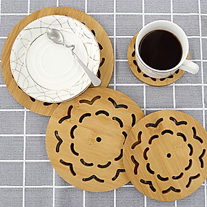 ALFEEL 4 Piece Bamboo Trivet - Home Kitchen Multifunction Bamboo Heat Resistant Pads Trivet, Round Multi-Size Placemat Coaster for Hot Dishes/Pot/Bowl/Cup/Mup/Teapot/Hot Pot Holders (4 Piece)