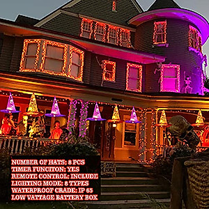 Dazzle Bright 8 Pcs Hanging Witch Hat String Lights, Light Up Waterproof Halloween Decorations with Remote Control for Outdoor Garden Party Carnival Supplies Decor