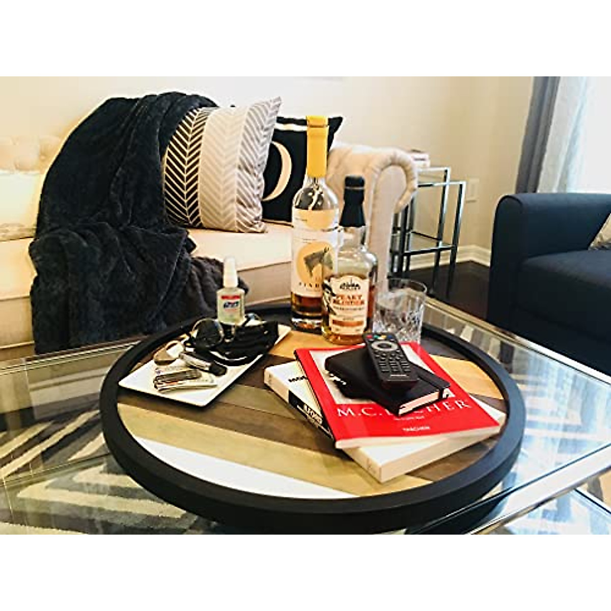 HOME BREEZES Extra Large Wooden Lazy Susan- Round Wood Ottoman Turntable Tray, Serve Tea, Coffee, or Breakfast in Bed, Classic Circle Wooden Tray for Tabletop, Decorative Serving Tray.