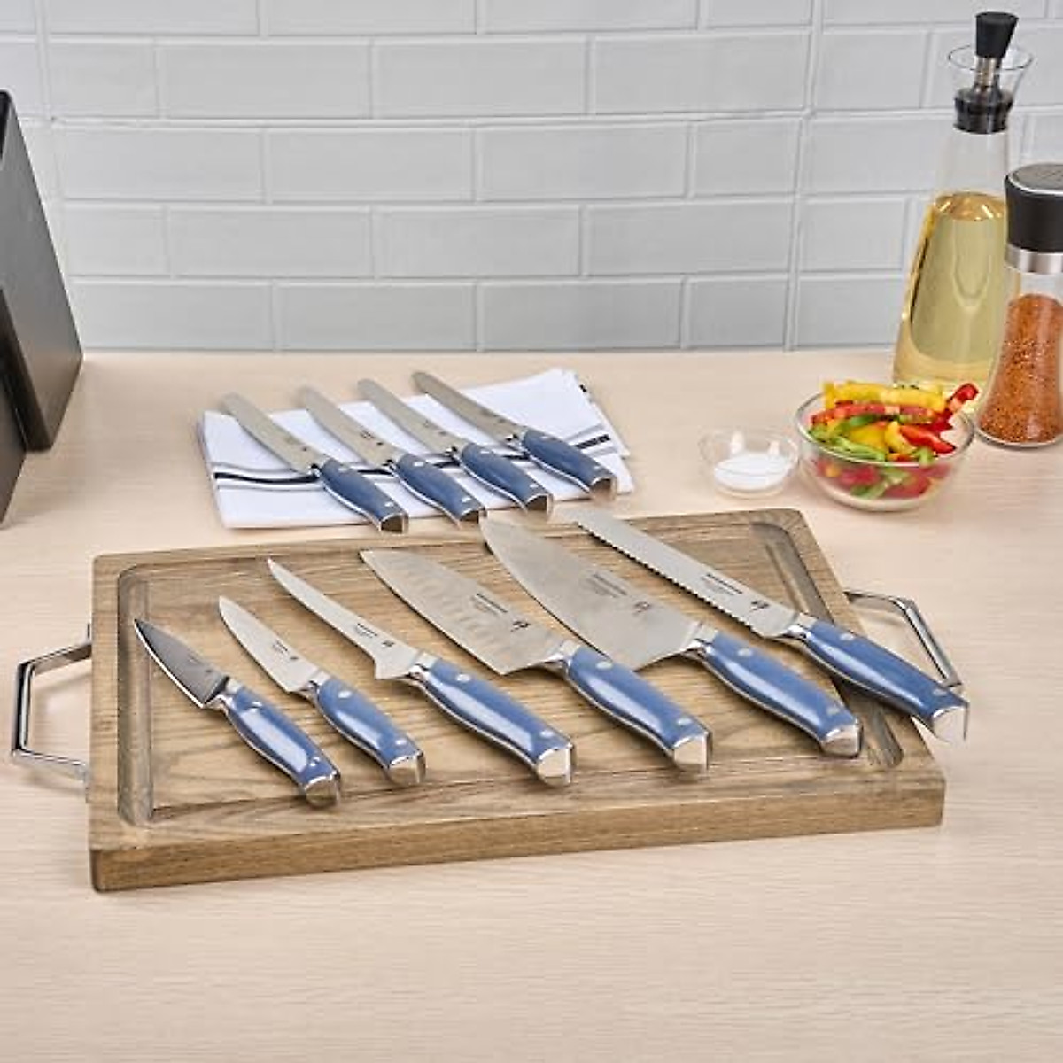 Restaurantware Sensei 10-Piece Knife Set 1 Sharp Professional Knife Set For Chefs - Damascus Steel 67 Layers Blue German Steel Steel Knife Set Ergonomic Handle For Multi Purpose Kitchen Use