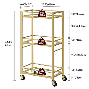 MAHANCRIS Bar Cart for The Home, Home Bar Serving Cart, Gold Bar Cart with 3-Tier Glass Shelf, Wine Holders, Glass Holder, Mini Bar Cart for Small Space, Kitchen, Dining Room, Gold RCJ40B01