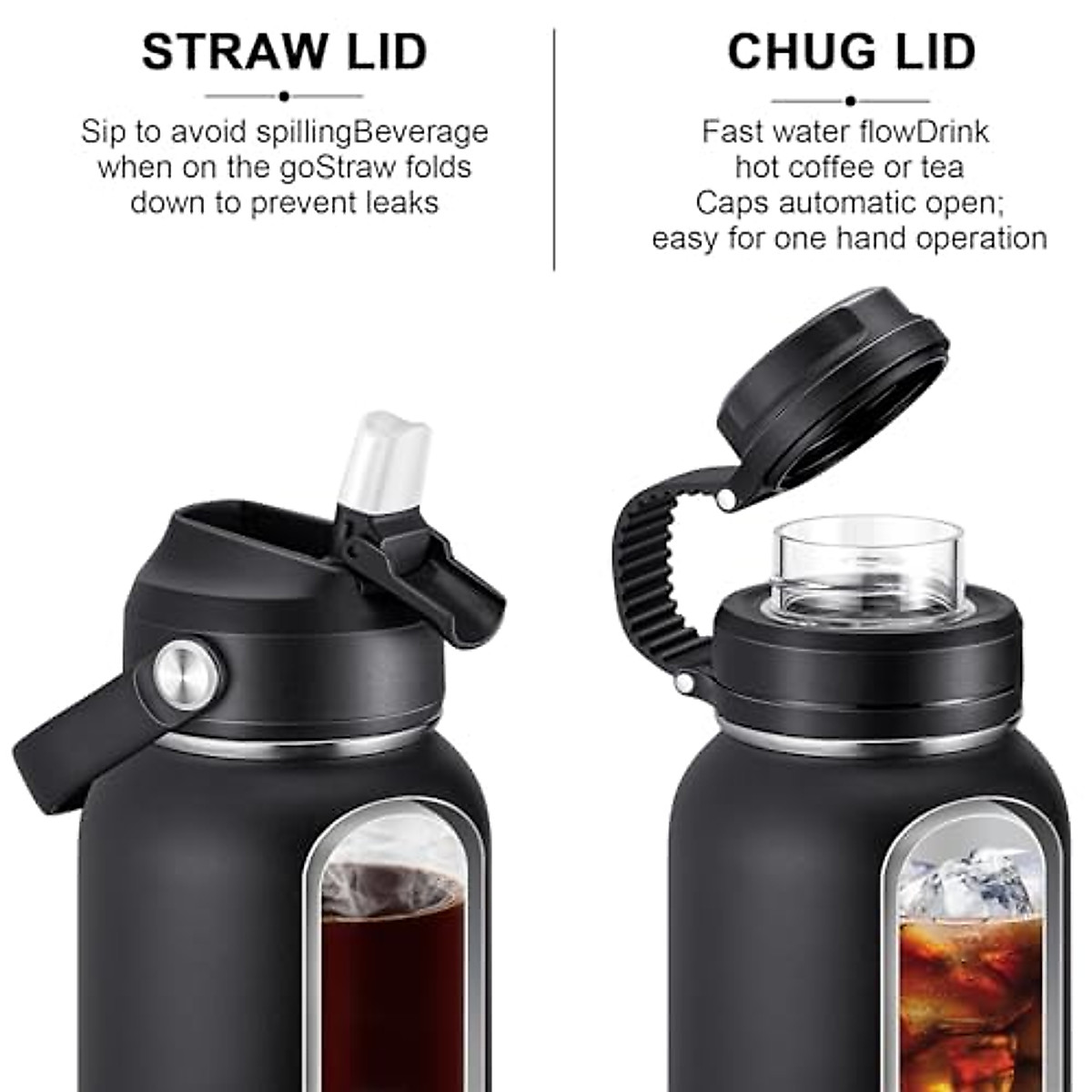 Lumesner Vacuum Insulated Stainless Steel Water Bottle,1200ml/950ml/650ml- 2 Lids (Straw Lid and Spout Lid), 2 Straws Water Bottle (40 oz, Midnight Black)