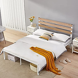 GreenForest Queen Bed Frame with Wooden Headboard Platform Bed with Metal Support Slats NO-Noise Heavy Duty Bed Industrial Country Style with 9 Strong Legs, No Need Box Spring, Queen