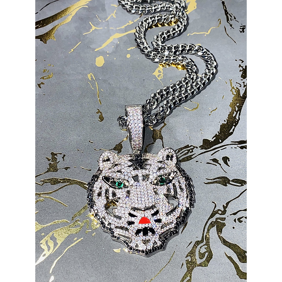 8mm Miami Cuban Link Chain Bengal Tiger Big Custom Cuban Pendant Iced Diamond cz Men Women 925 Italy Men's Choker Chain, 14k White Gold Silver Miami Cuban 6mm Chain Necklace Choker, Diamond Pendant (22" Chain Pendant)