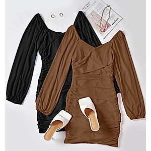 ZESICA Women's Sexy V Neck Ruched Bodycon Mini Dress Puff Long Sleeve Cocktail Wedding Party Short Dresses,Black,Large