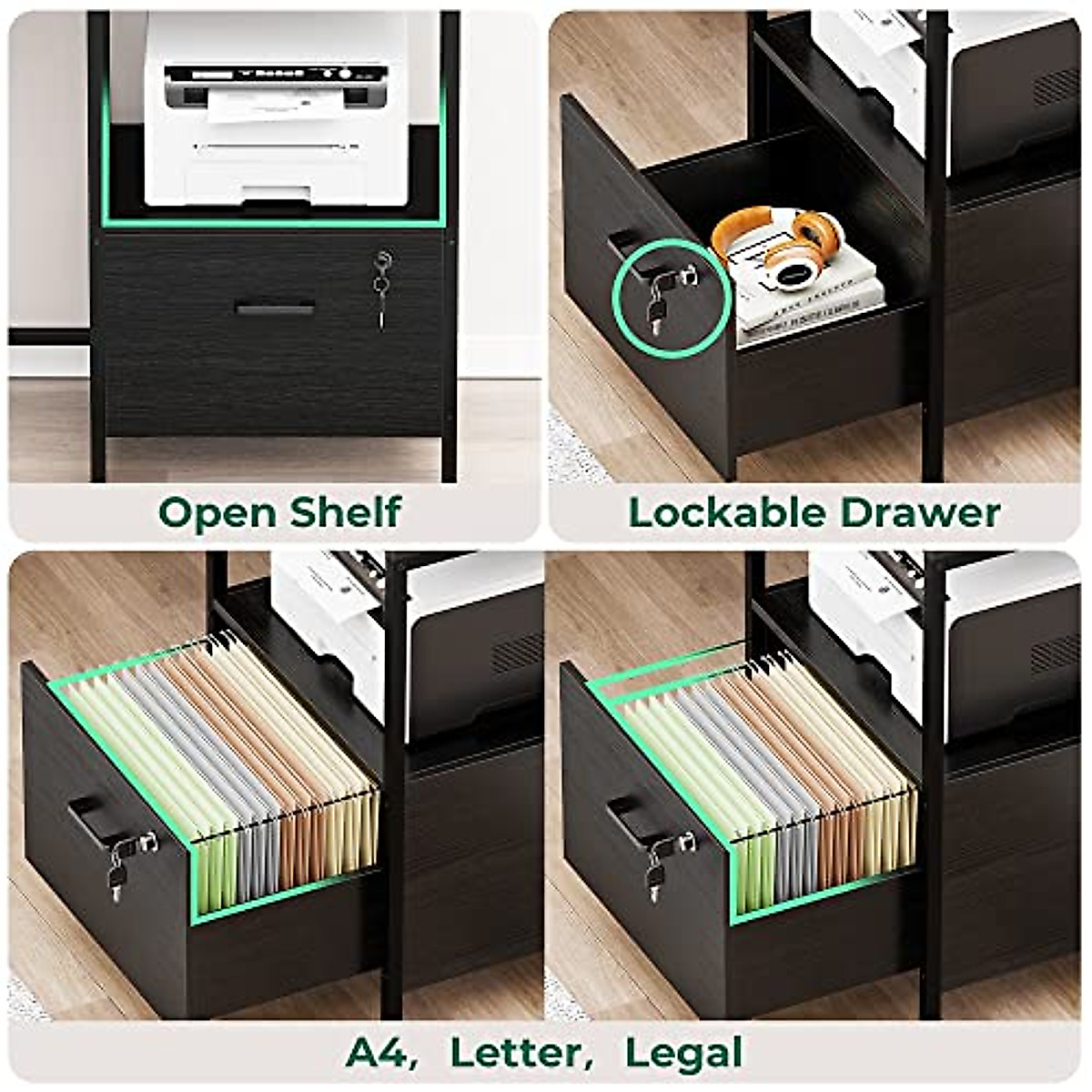 Huuger L Shaped Desk with Power Outlets & LED Lights, Reversible Computer Desk with Storage Shelves & File Cabinet, Corner Desk Home Office Desk, Black