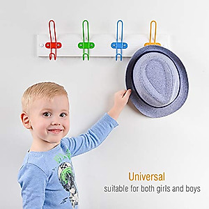 Tibres - Kids Coat Hook Rack for Boys and Girls for Jackets Clothes Hats Backpacks Robes and Towels - Kids Hanger for Use in Nursery Bedroom and Bathroom - Safe Colorful Wire Hooks and White Rail