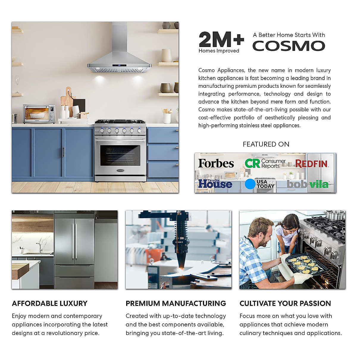 COSMO 668A750 Wall Mount Range Hood 380-CFM with Ducted Glass Chimney Kitchen Stove Vent, LED Light, 3 Speed Exhaust Fan, Permanent Filter, Stainless Steel (30 inch)