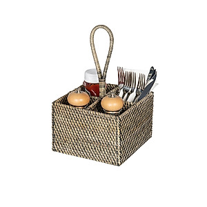 KOUBOO Laguna Rattan Bottle Caddy – Decorative Basket for Organizer Kitchen Utensils, Silverware – Boho Home Decor & Storage Solution for Dining Table, Pantry, Countertop, Black Wash