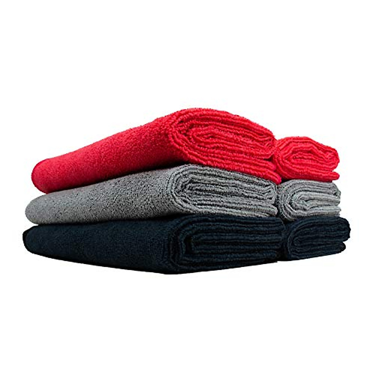 The Rag Company - Car Wash Towel - Professional Microfiber Auto Detailing and Drying Towels, Lint-Free, Streak-Free, Great for General Cleaning, 320gsm, 16in x 27in, Red + Grey + Black (6-Pack)