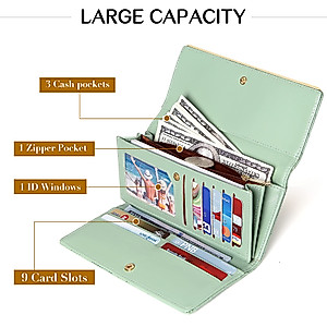 ZRTARY Quilted Soft Leather Long Wallets for Women Slim Trifold Clutch Wallet PU Vegan Leather with Coin Pouch(Green)